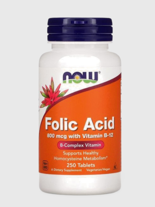 Фолиевая кислота Folic Acid 800 mcg with Vit B-12, Now Foods, 250 ...