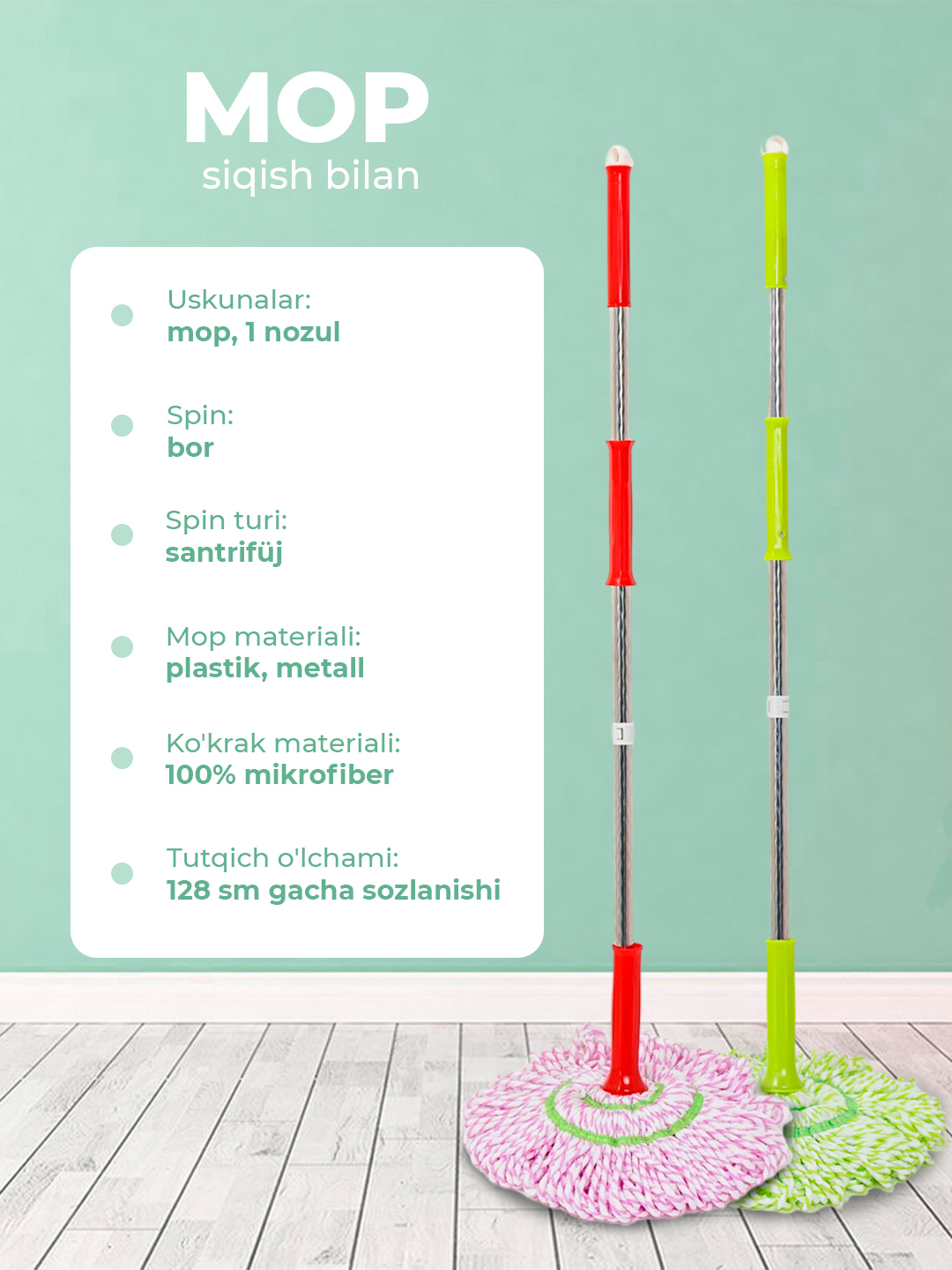 Shvabra siqish tizimi bilan, pol va oynalarni yuvish uchun, uyni ...