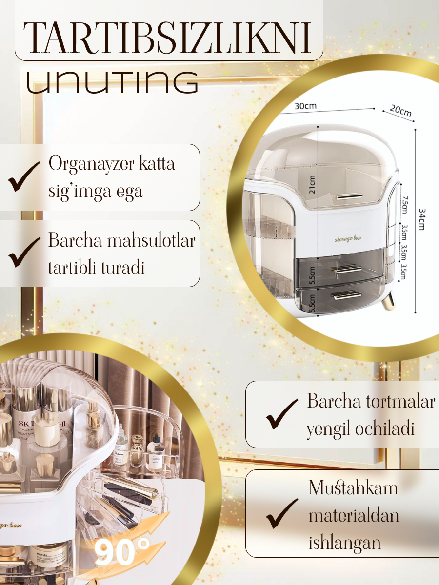 Kosmetika, zargarlik buyumlari va aksessuarlarni yopiq saqlash uchun stol organayzerini arzon ...