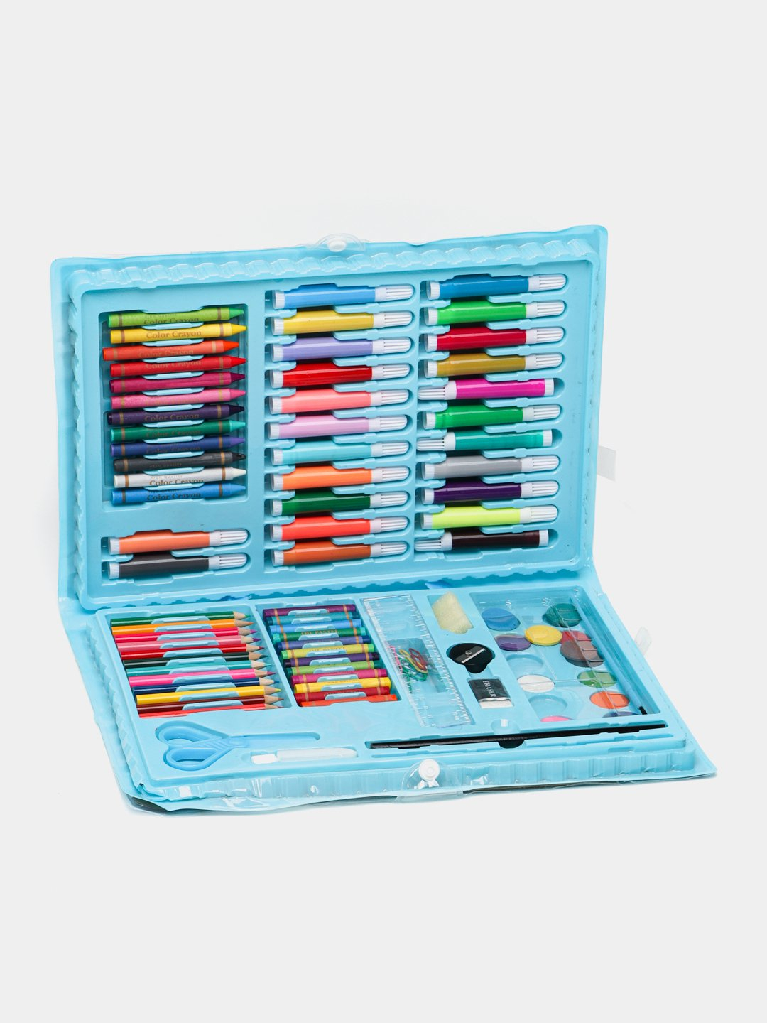 Sovg'a rasmlar to'plami, rangli qalamlar, flomasterlar, bo'yoqlar, o ...