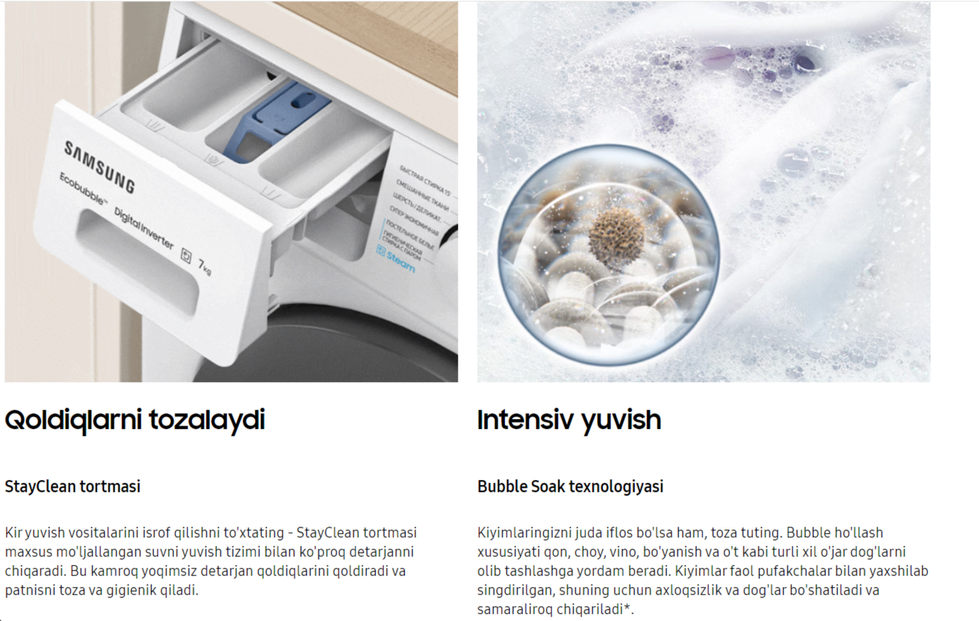 Kir yuvish mashinasi Samsung 8 kg WW80AGAS22A, bug' bilan yuvish ...