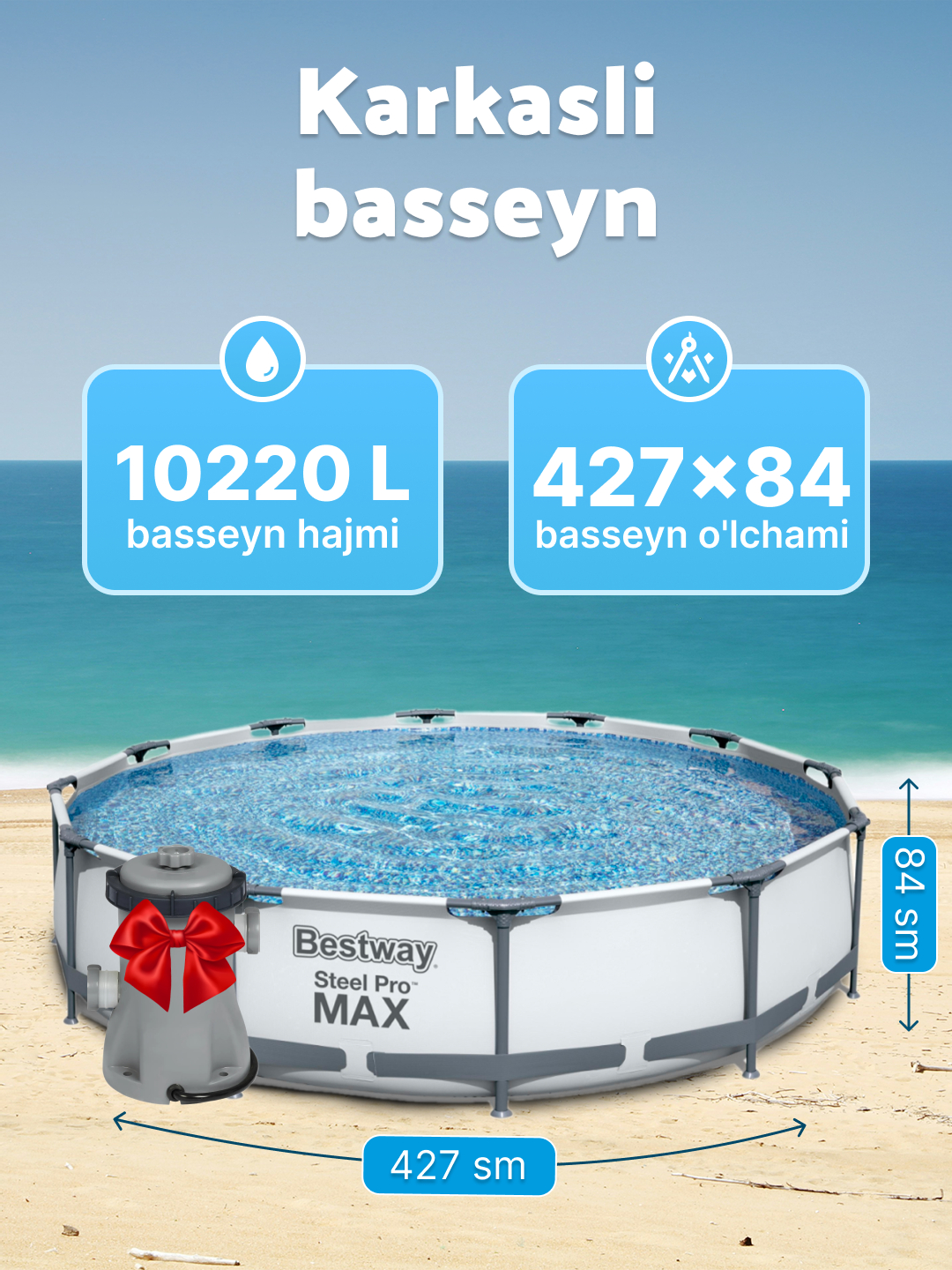 Karkasli hovuz Bestway Steel Pro Max, filtr-nasos to'plamda, 4678 litr ...