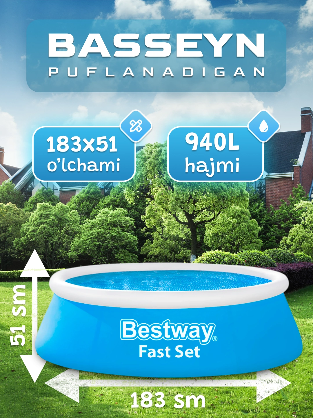 Puflanadigan basseyn Bestway Fast Set, 940-5377 litr, bolalar va ...
