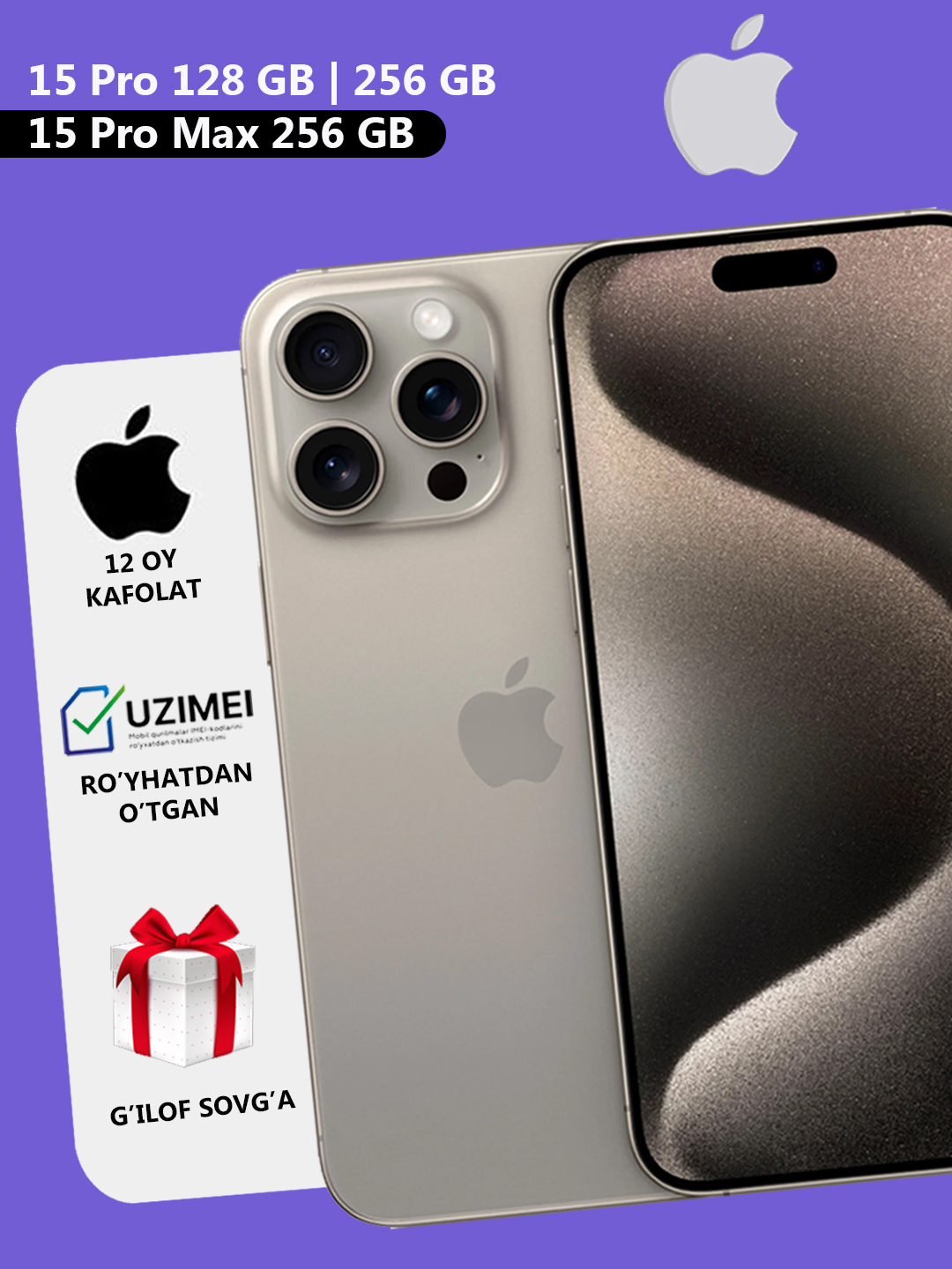 Smartfon iPhone 15 Pro, ProMax, 128, 256 ГБ, 1 SIM, Dual SIM, g'ilof ...