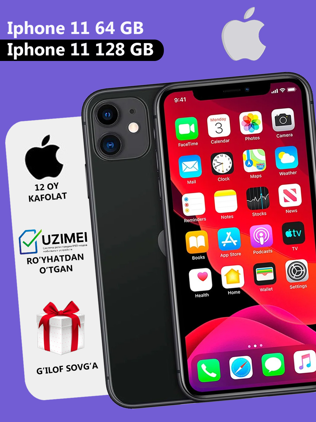 Smartfon Apple iPhone 11, 64/128 GB, 1-SIM/Dual SIM, g'ilof sovg'a!ni ...