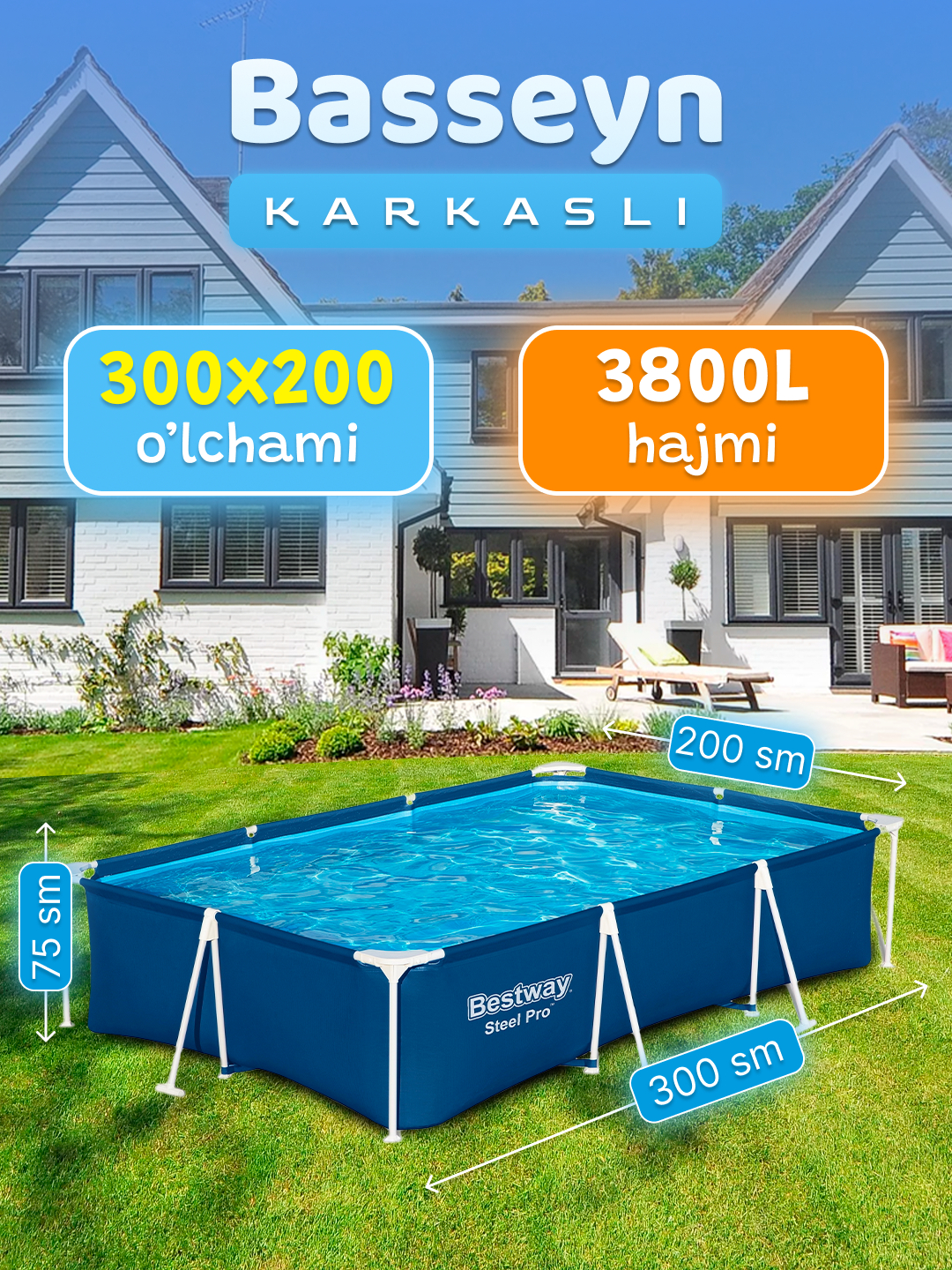 Bestway ramkali basseyn, hajmi 1200 - 6148 litr, bolalar va kattalar ...