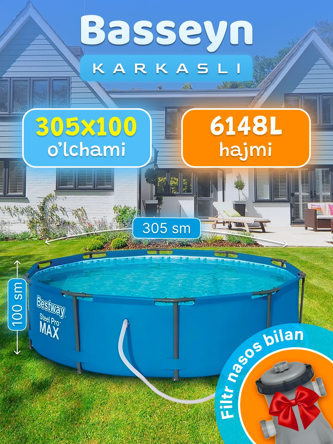 Bestway ramkali basseyn, hajmi 1200 - 6148 litr, bolalar va kattalar ...
