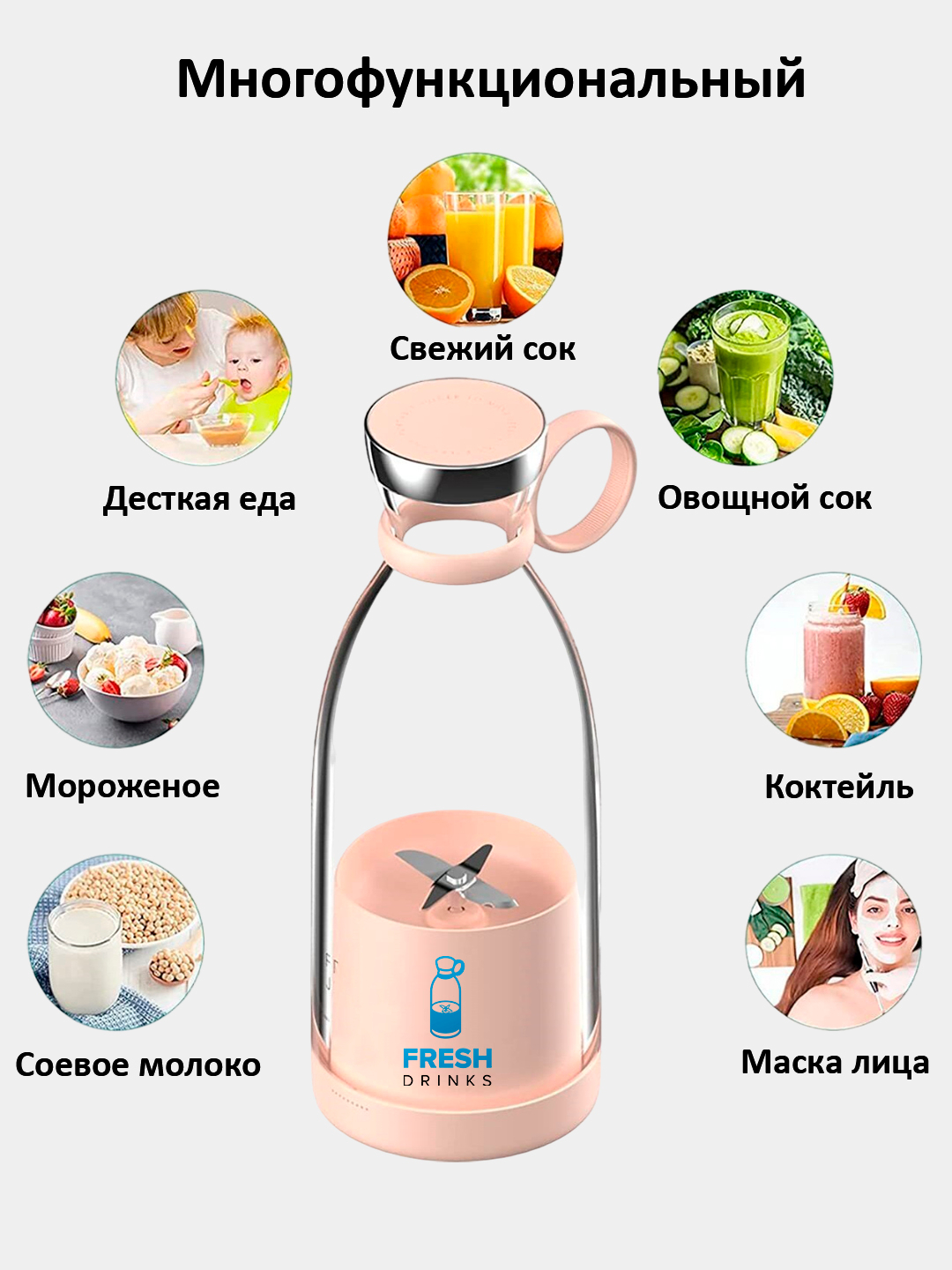 Прозрачный ручной блендер Fresh Drinks 3 в 1, портативный беспроводной ...