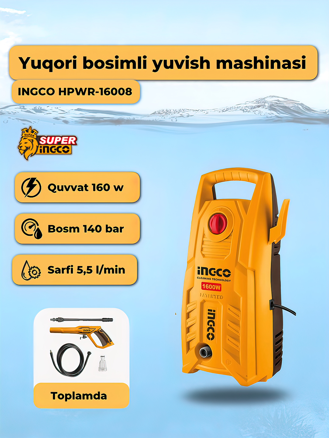 Yuqori bosimli yuvish mashinasi Ingco HPWR16008ni arzon narxda sotib ...