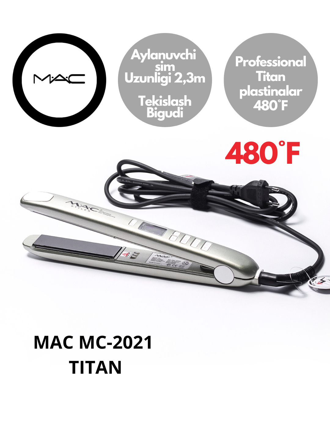 Профессиональный утюжок, выпрямитель для волос MAC Styler MC-2021 Titan, с LCD дисплеем ...