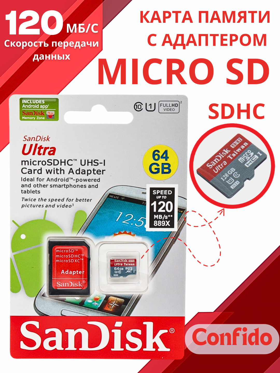 Карта памяти SanDisk Ultra microSDHC UHS-I, с адаптером купить по ...