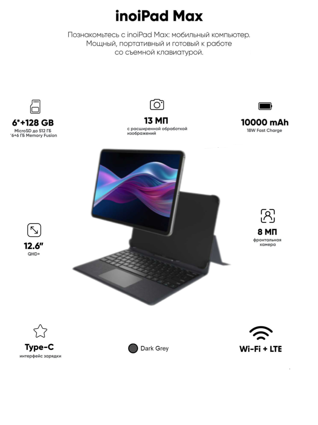 Planshet inoiPad Max 6/128 GB LTE, Kulrang, IPS 12.6, 90 Gs, 10000 mAh ...