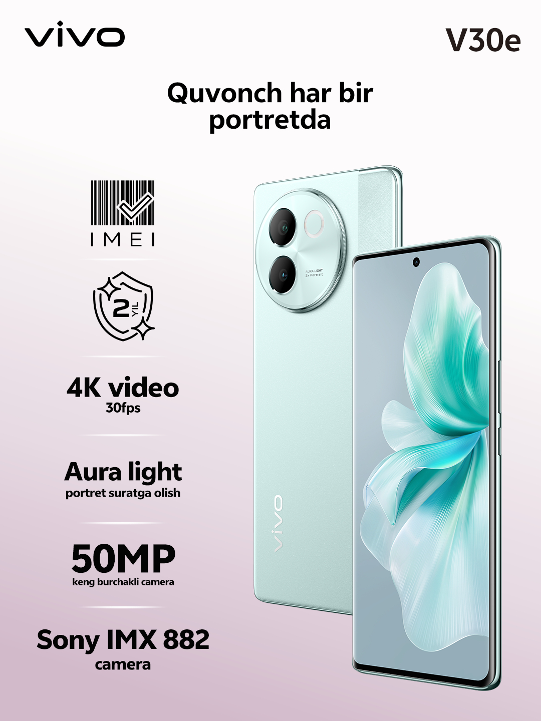 Смартфон Vivo V30e 8+256ГБ, Sony IMX 882 camera,4k video camera, aura ...