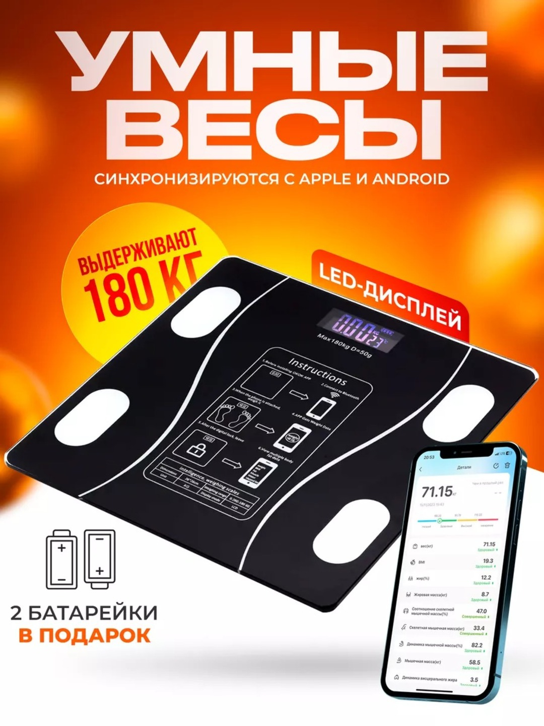 Весы напольные, электронные для тела, для дома, 180 кг белый купить по ...