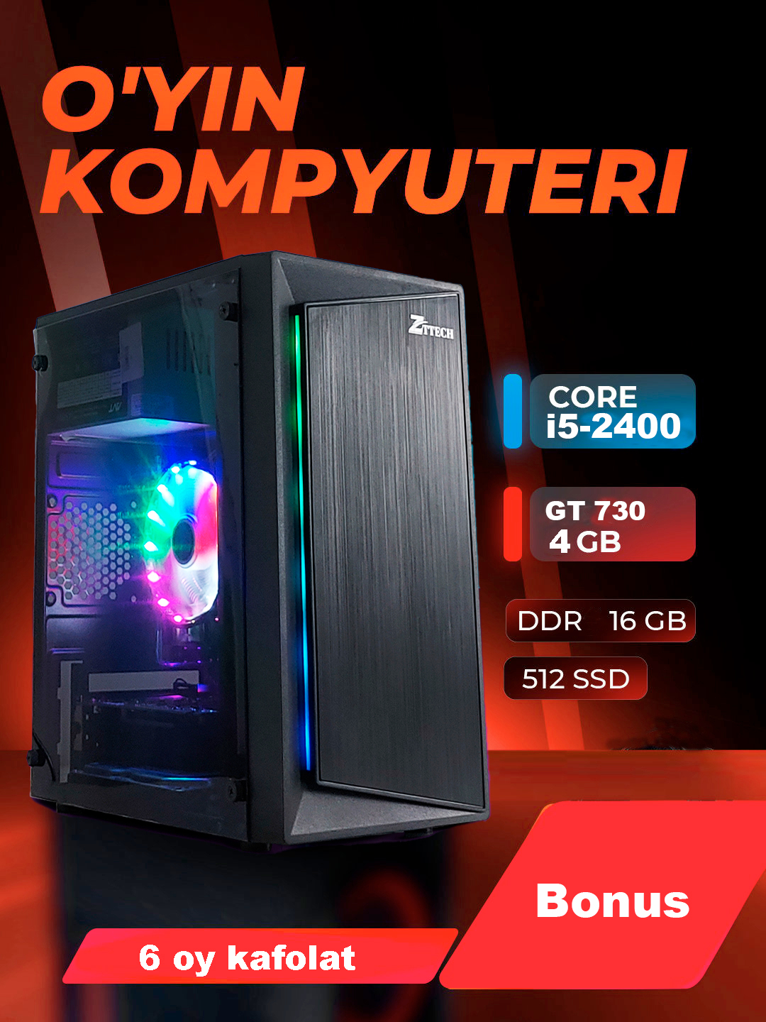 O'yin tizim bloki Core i5, 16 GB operativ xotira, Nvidia GT730 4 GB, 512 GB SSD, RGBni arzon ...