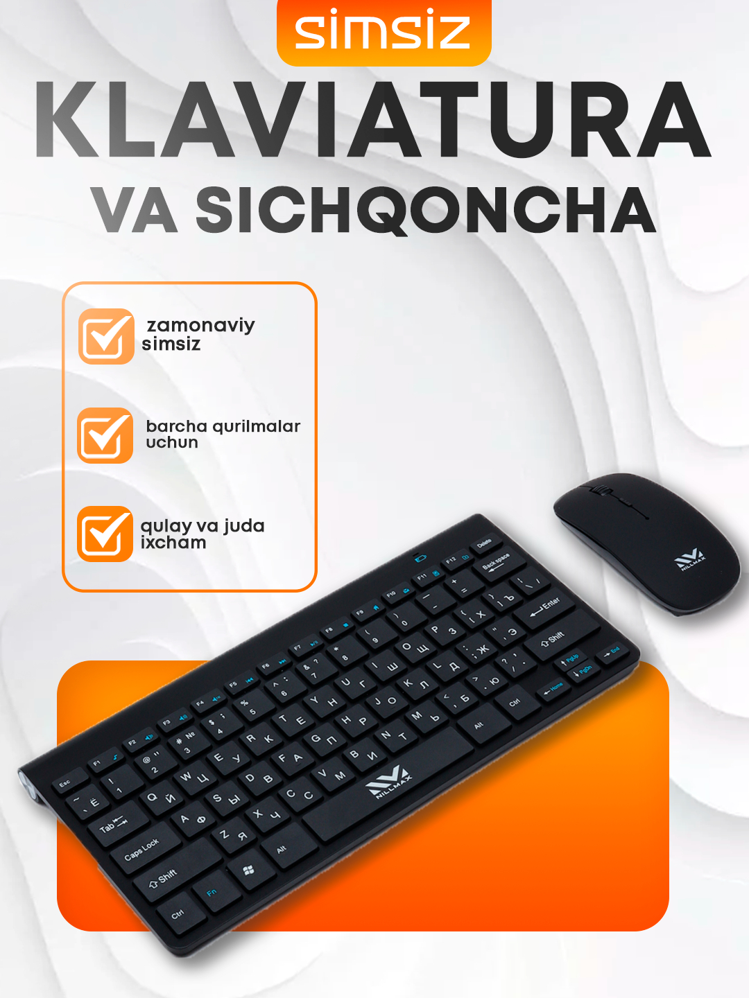 Simsiz klaviatura va sichqoncha, NILLMAX, ixcham, ovozsiz tugmalar va ...