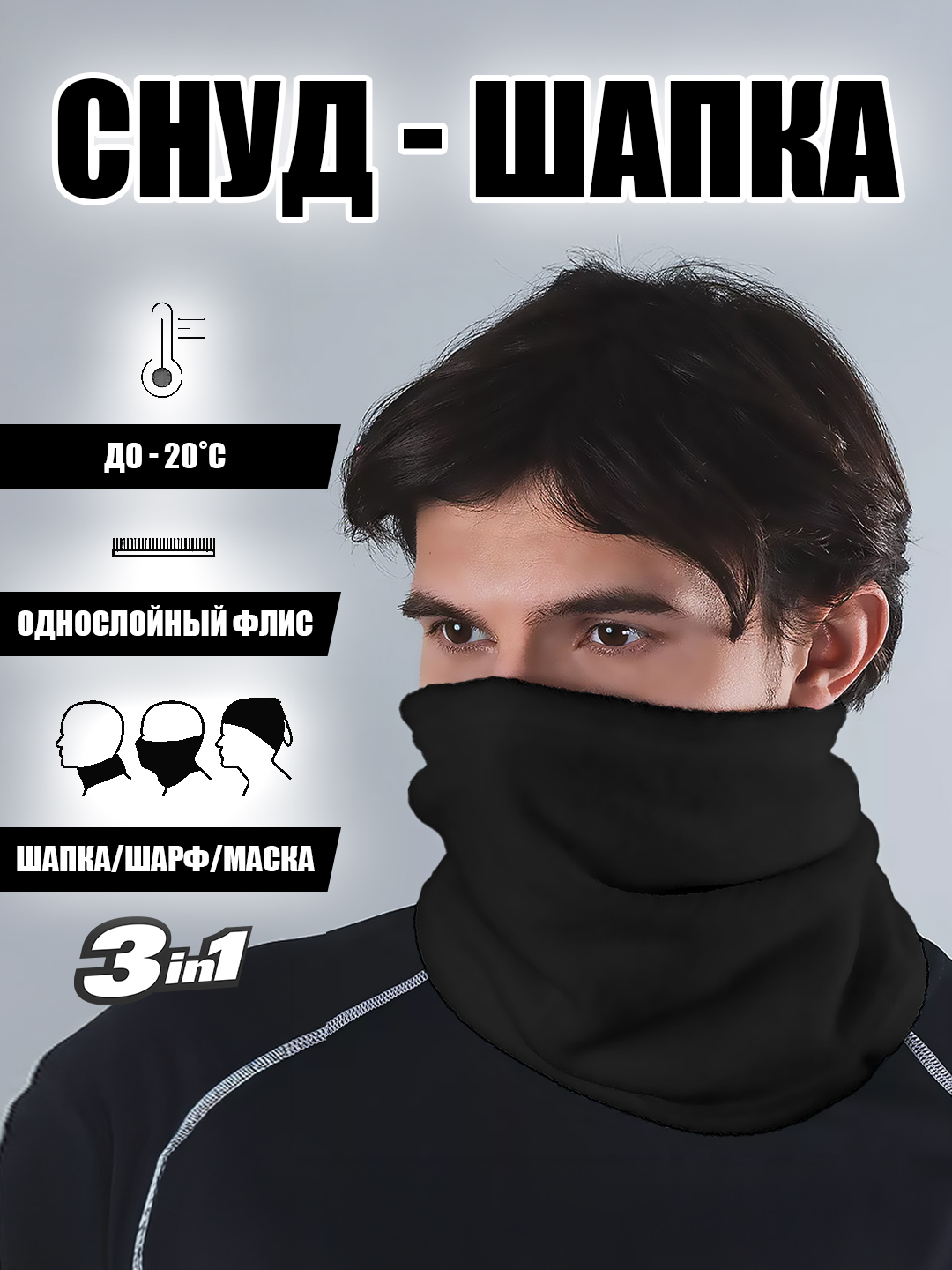 Балаклава флисовая 3 в 1, шапка, снуд, шарф, воротник, маска купить по ...