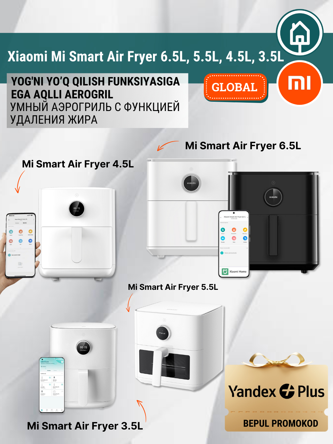 Aqlli aerogril frityurnitsa Xiaomi Smart Air Fryer, 6.5 l, 5.5 l, 4.5 l, 3.5 litrni arzon narxda ...