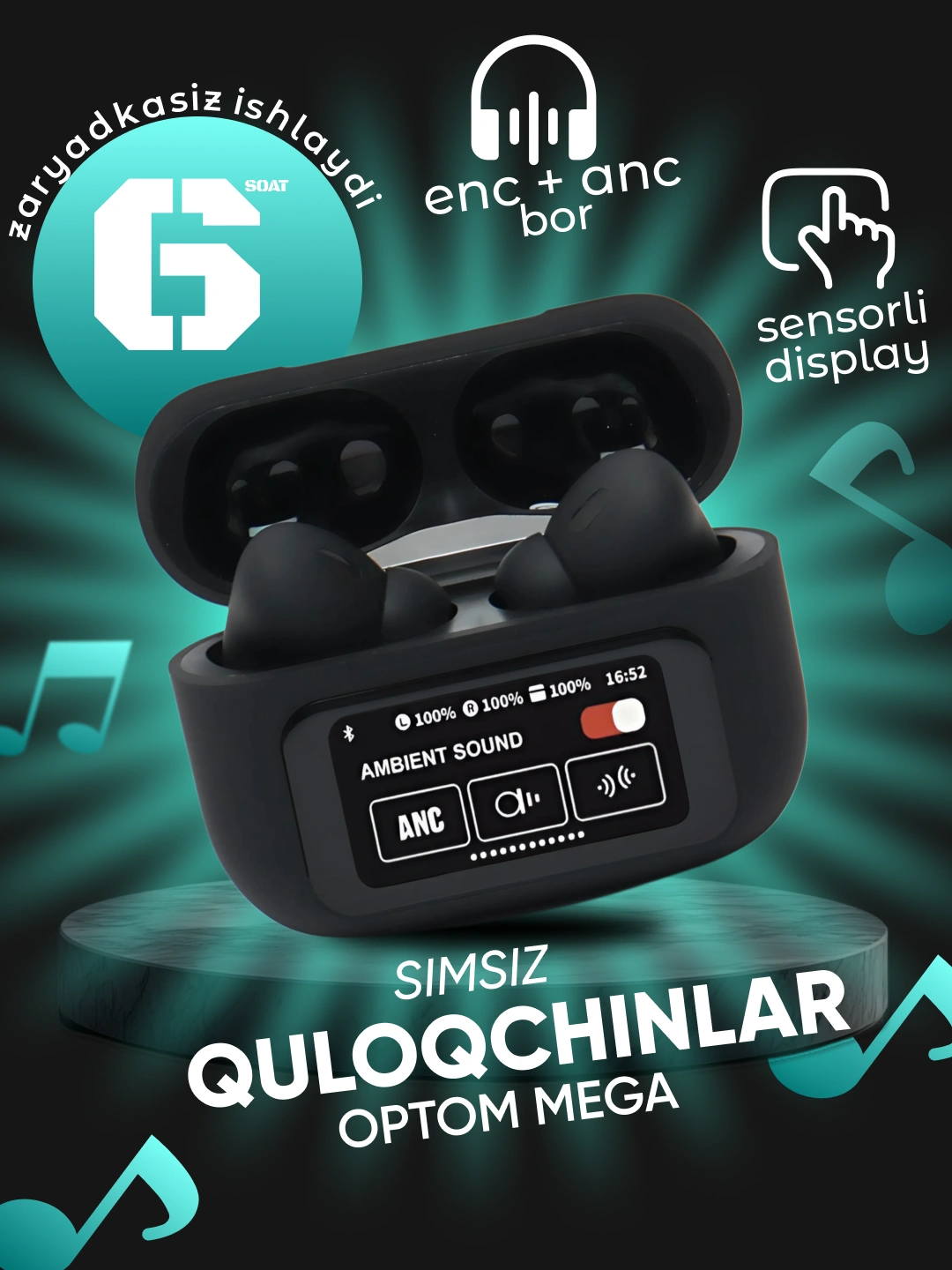 Simsiz quloqchinlar "Air Pro 2", ANC+ENC, sensor displeyli va faol ...