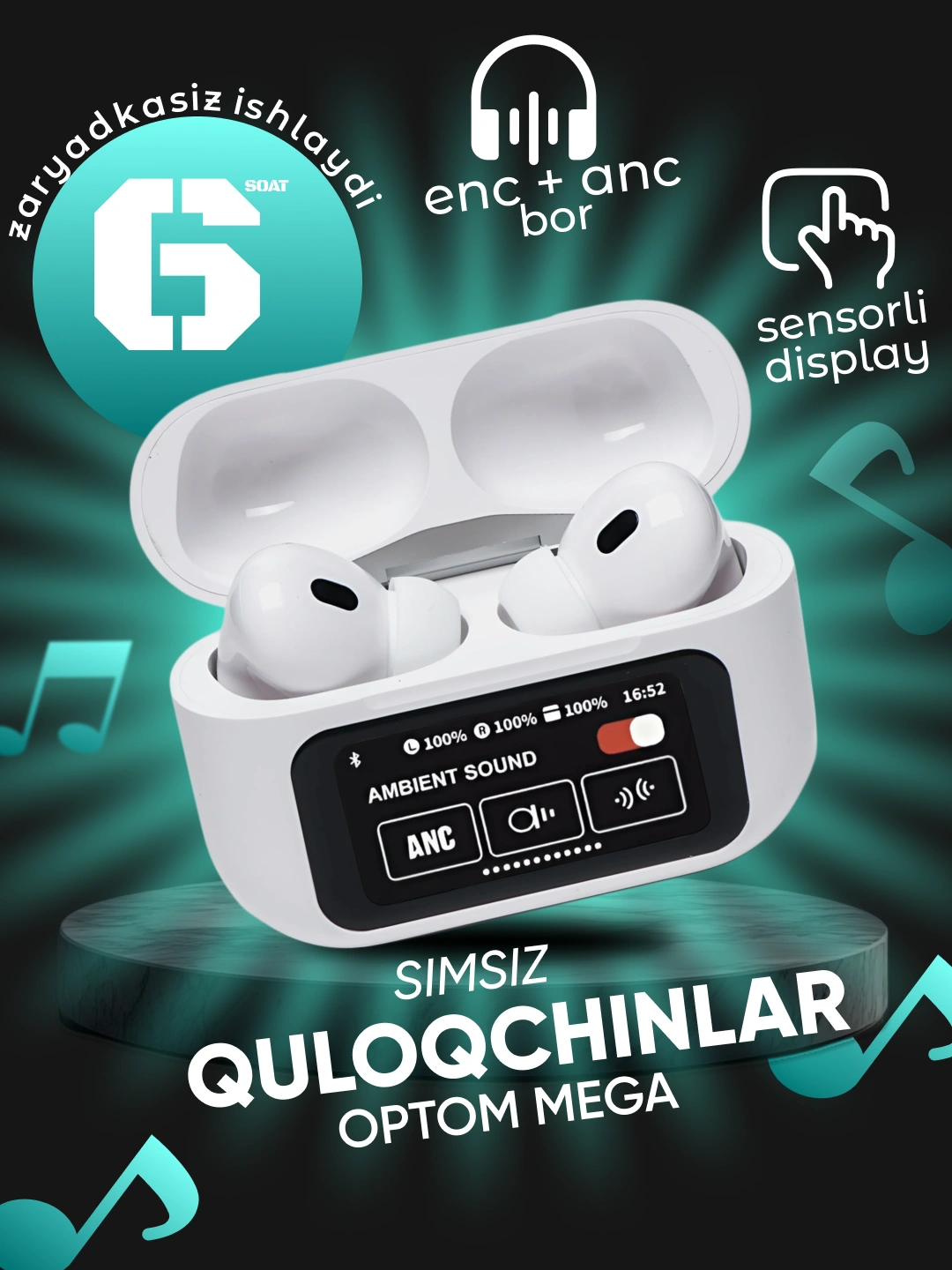 Simsiz quloqchinlar "Air Pro 2", ANC+ENC, sensor displeyli va faol ...