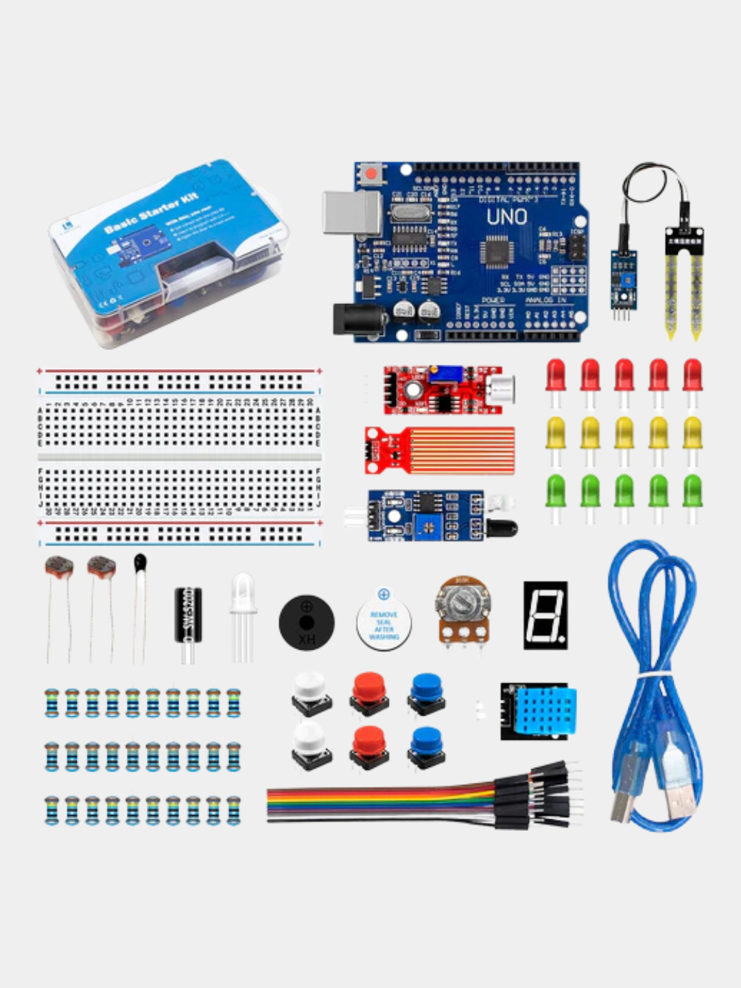Starter Kit Arduino Uno R3 uchun: diodlar, sensorlar, plata, USB va ...