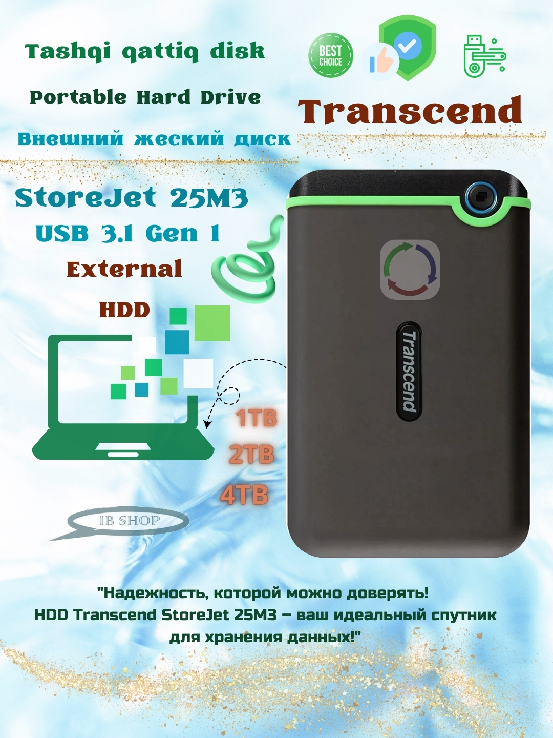 Tashqi qattiq disk Portable hard drive Transcend Store Jet 25M3 1TB ...