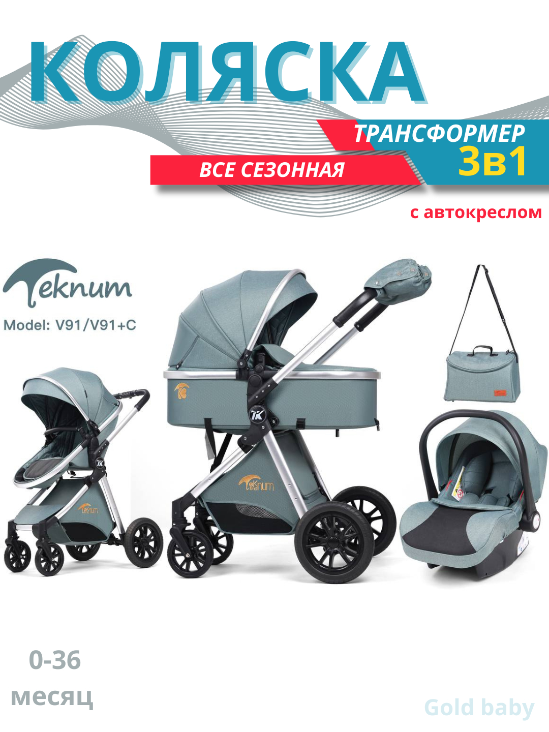 Детская коляска с автокреслом и сумкой, Teknum V91, 3 в 1 купить по ...