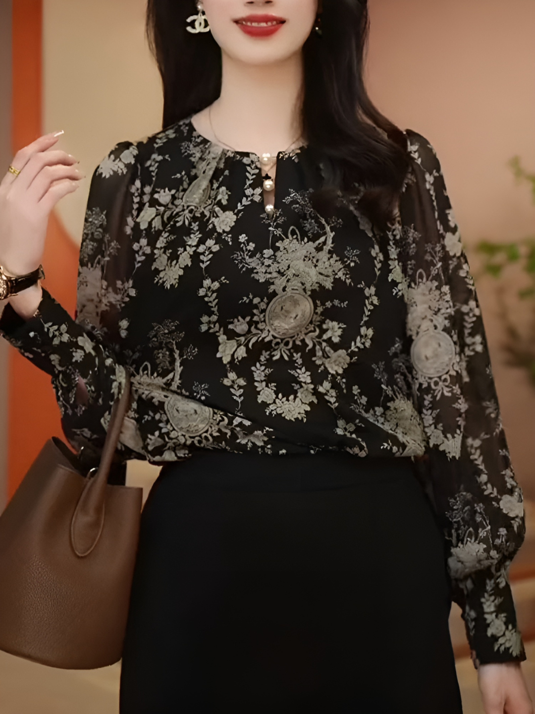 Элегантная женская шифоновая блузка с цветочным принтом и жемчужной, с ...