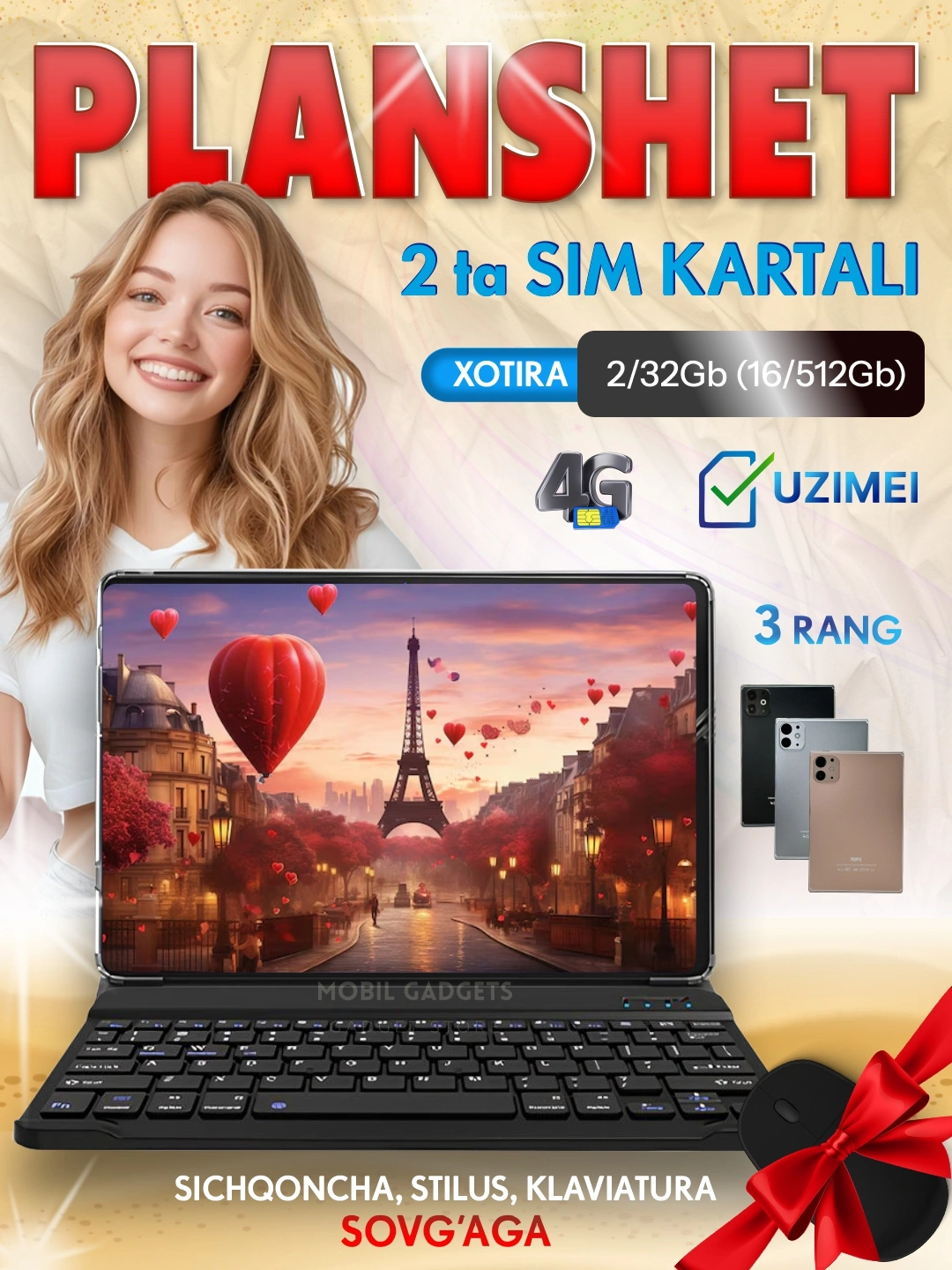 Planshet 2 sim kartali, Android, klaviatura, sichqoncha va stilus bilan ...