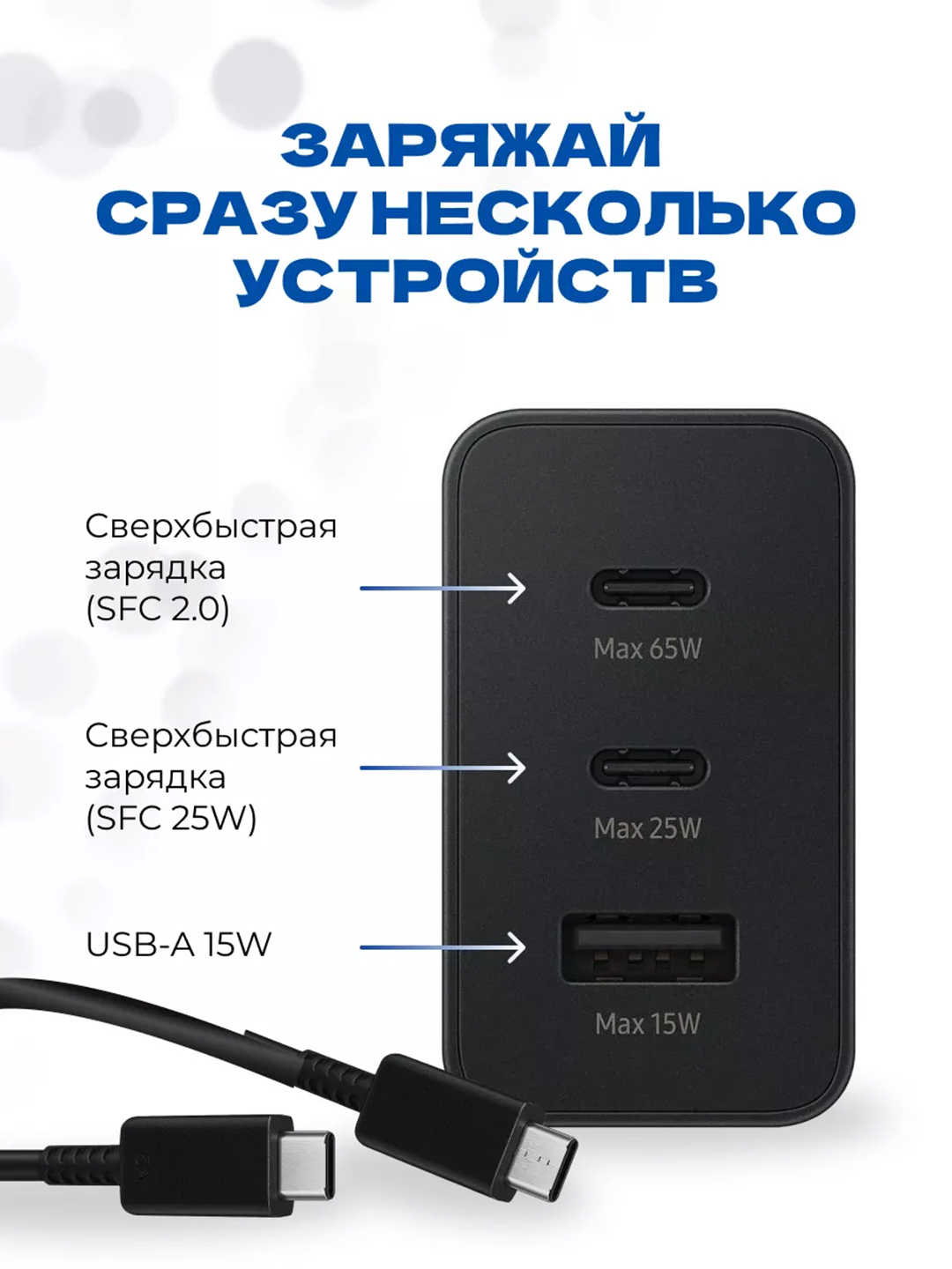 Зарядка адаптер для Samsung, 120/65/45/25/15 Вт, быстрая зарядка 5 A с кабелем Type-C купить по ...