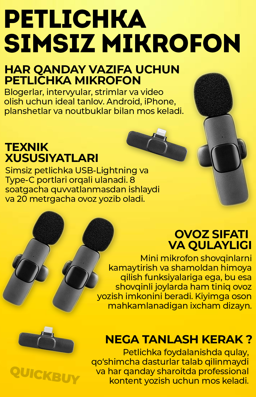 Simsiz mikrofon petlichka Android, iPhone uchun, Type-C, Lightning ...