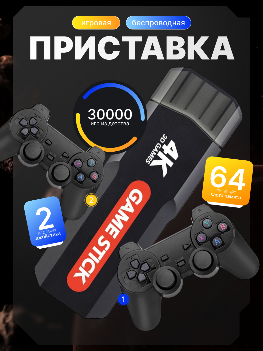 Игровая приставка ретро консоль для телевизора GAME STICK X2 64Gb ...