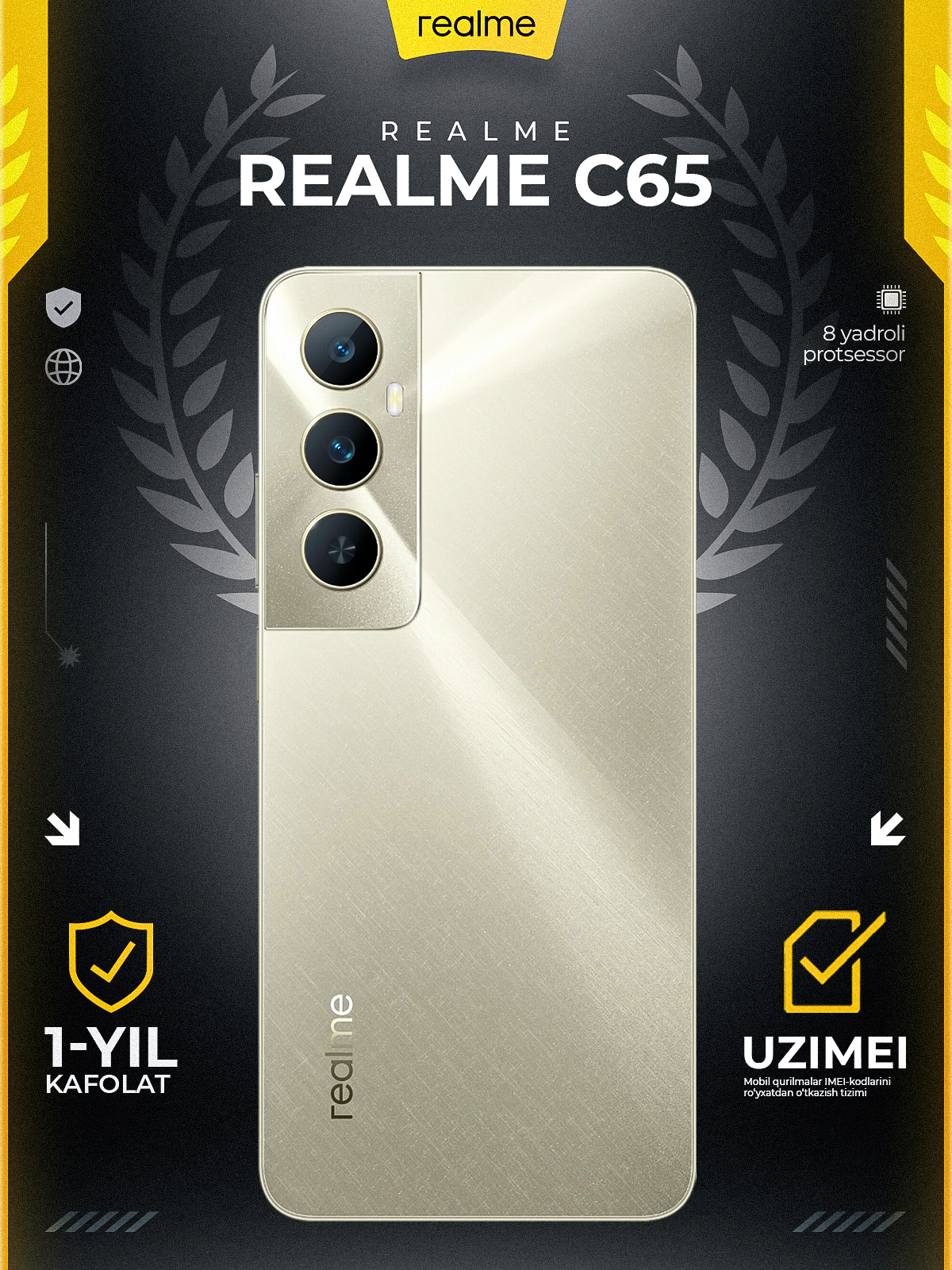 Смартфон Realme C65 - Gold, Black, 256/8GB, 6,67-дюймовым HD+ за ...