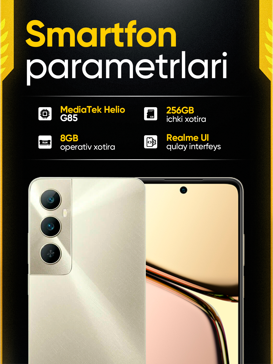Смартфон Realme C65 - Gold, Black, 256/8GB, 6,67-дюймовым HD+ за ...