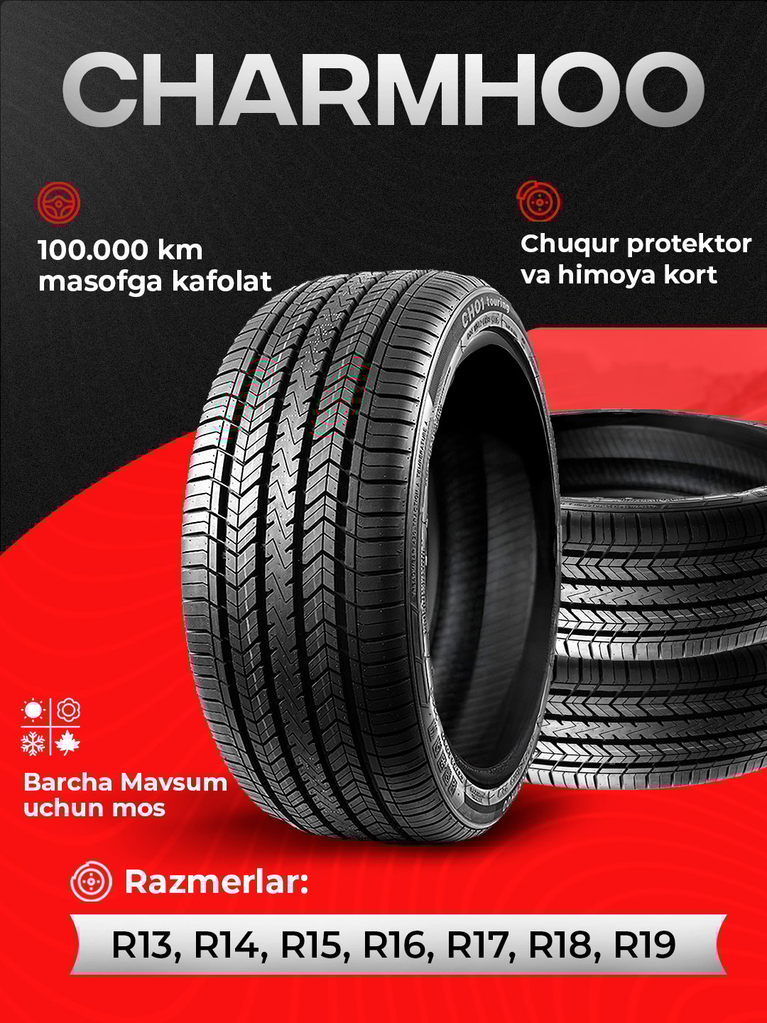 Avtomobil shinalari Charmhoo, o'lchamlari R13, R14, R15, R16, R17, R18, R19ni arzon narxda sotib ...