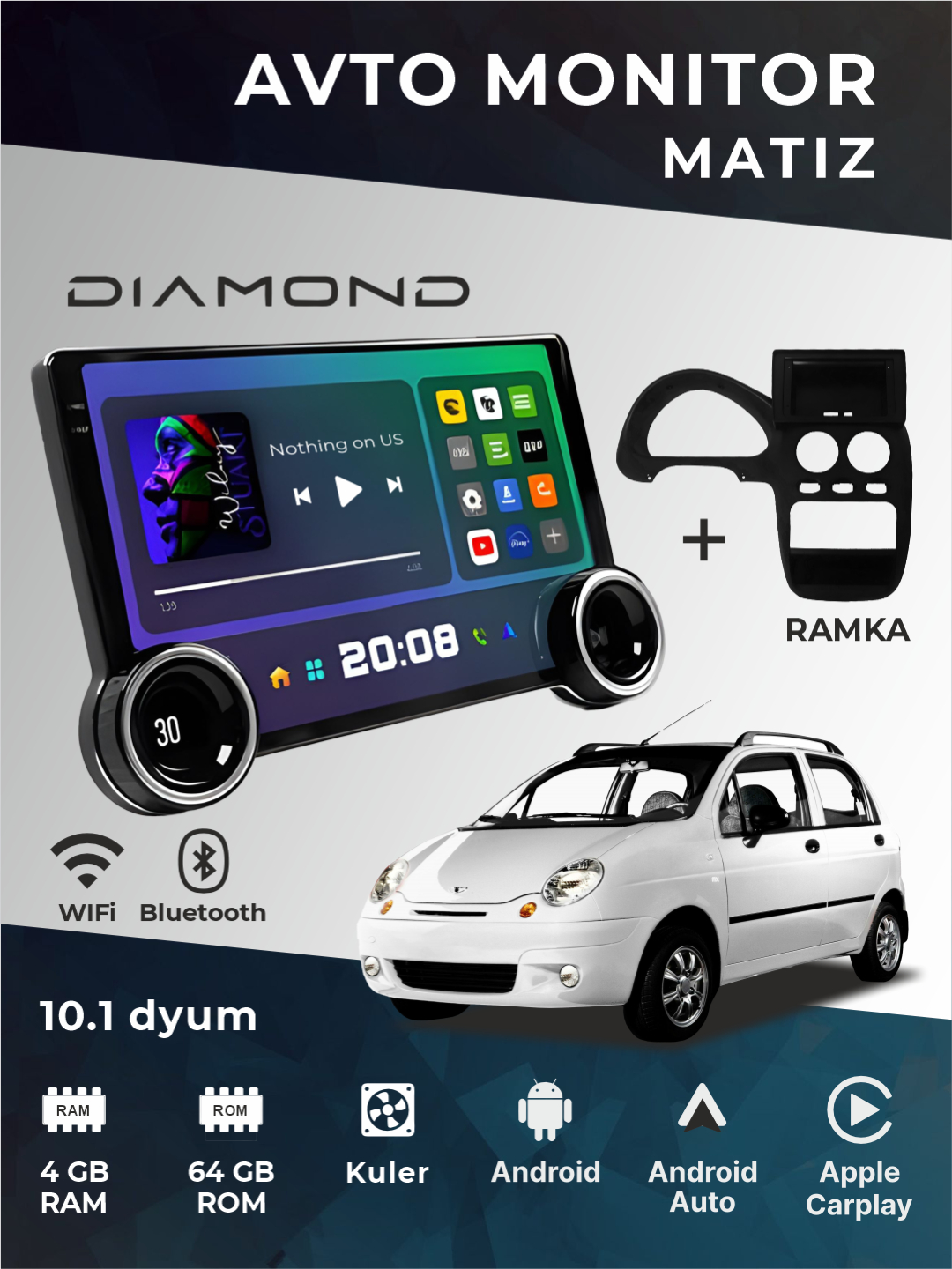 Авто монитор Tesla / Diamond X80, 4+64 Гб WiFi, для Spark, Lacetti ...