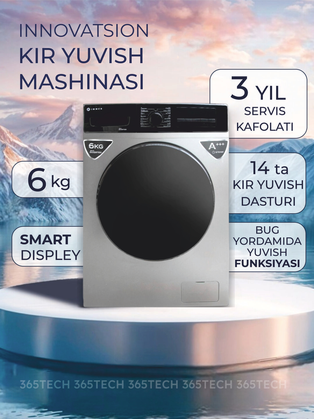 Kir yuvish mashinasi Immer, 14 ta dastur, bug' bilan yuvish, inverter ...