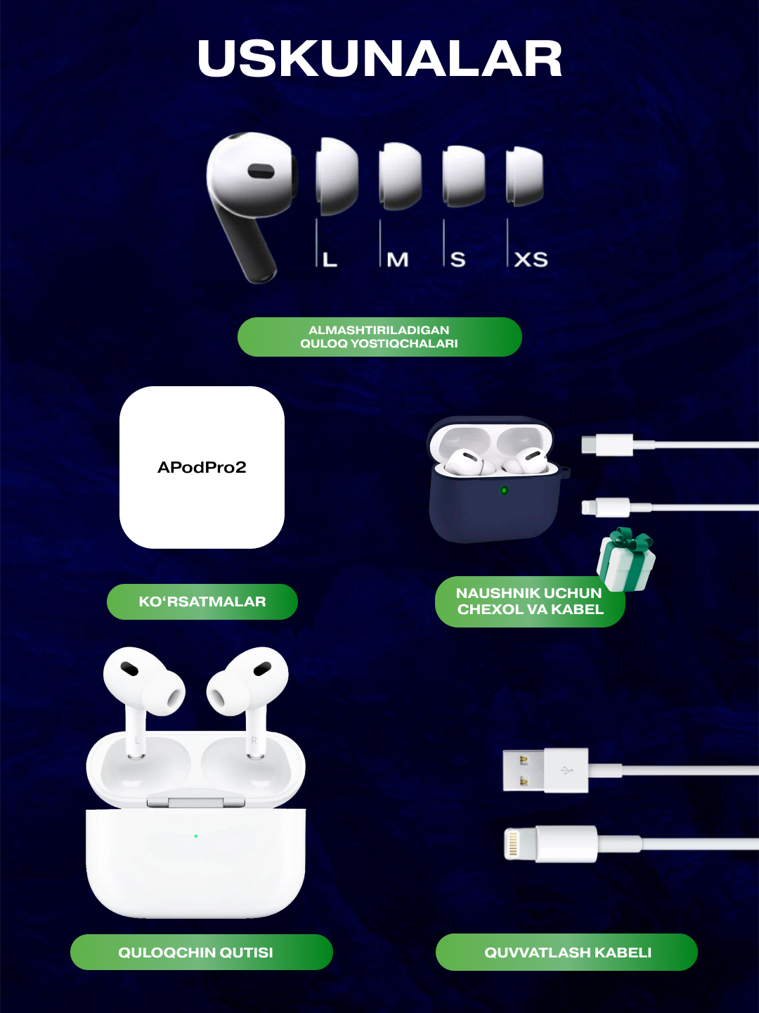 Simsiz quloqchinlar Pods Pro 2, sensorli, iPhone va Android uchun ...