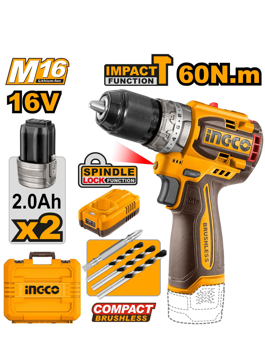 Аккумуляторный, бесщеточный ударный шуруповерт INGCO CIDLI16682, 16W 60 ...