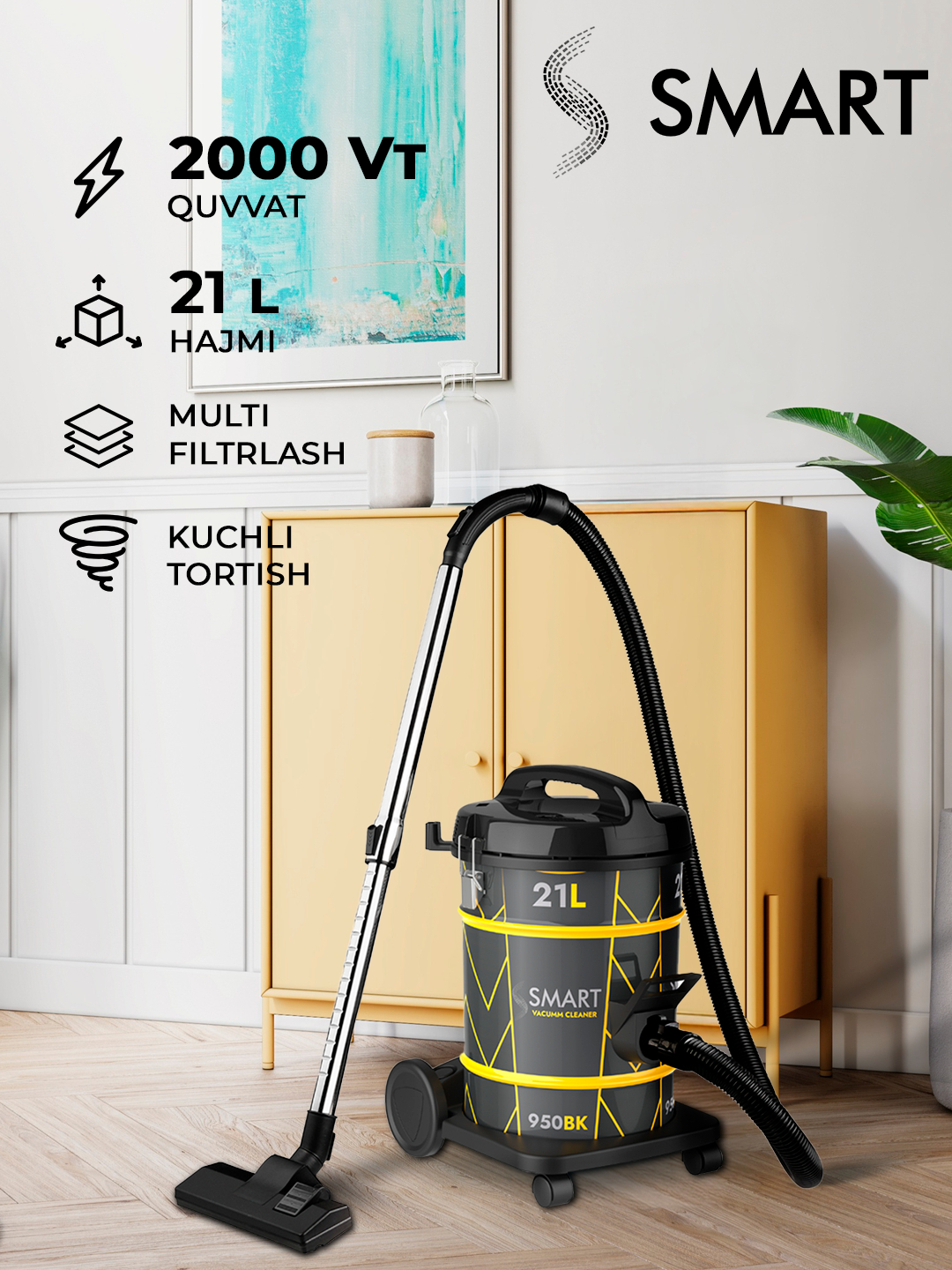 Barabanli changyutgich Ssmart 950BK, hajmi 21 L, 2000 Wt quruq tozalashgani arzon narxda sotib ...