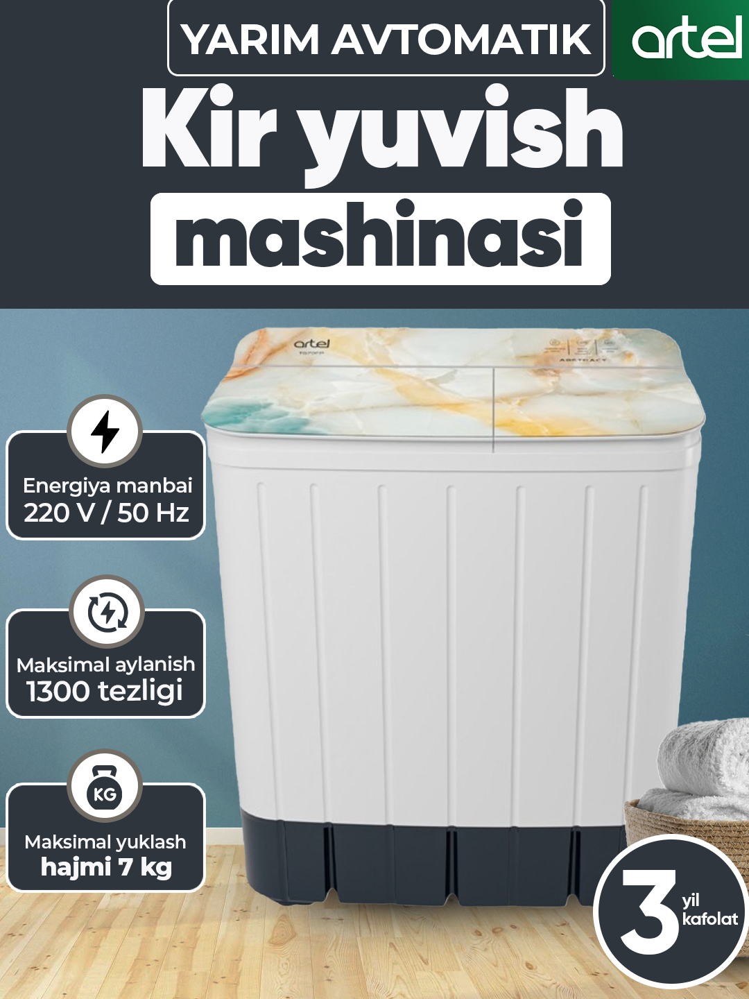 Kir yuvish mashinasi yarim avtomatik Artel ART-TG70FP 7 kg Abstract 03 ...