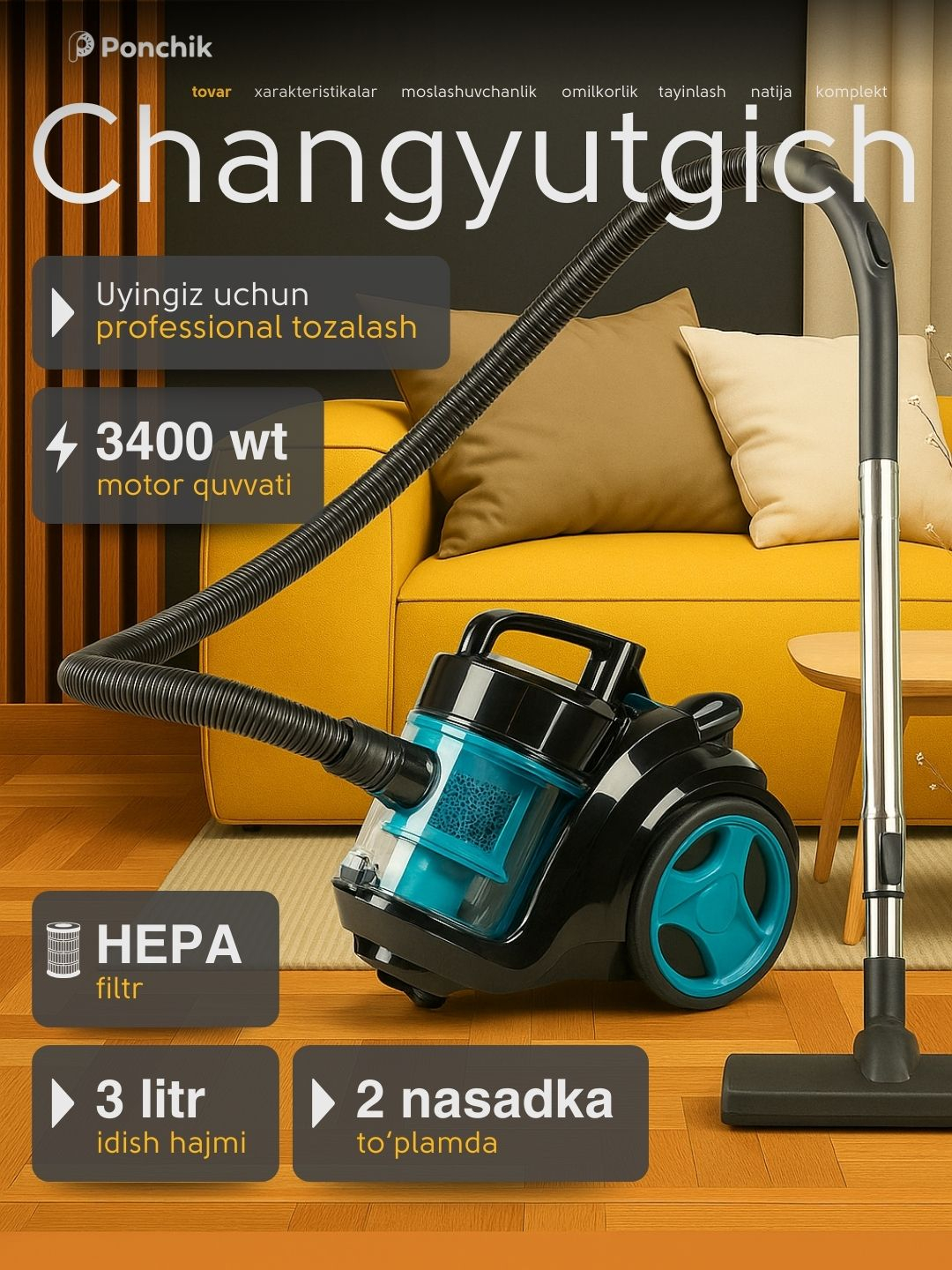 Kuchli 3400 Vt changyutgich: siklon tizimi, teleskopik quvur va HEPA-filtrni arzon narxda sotib ...