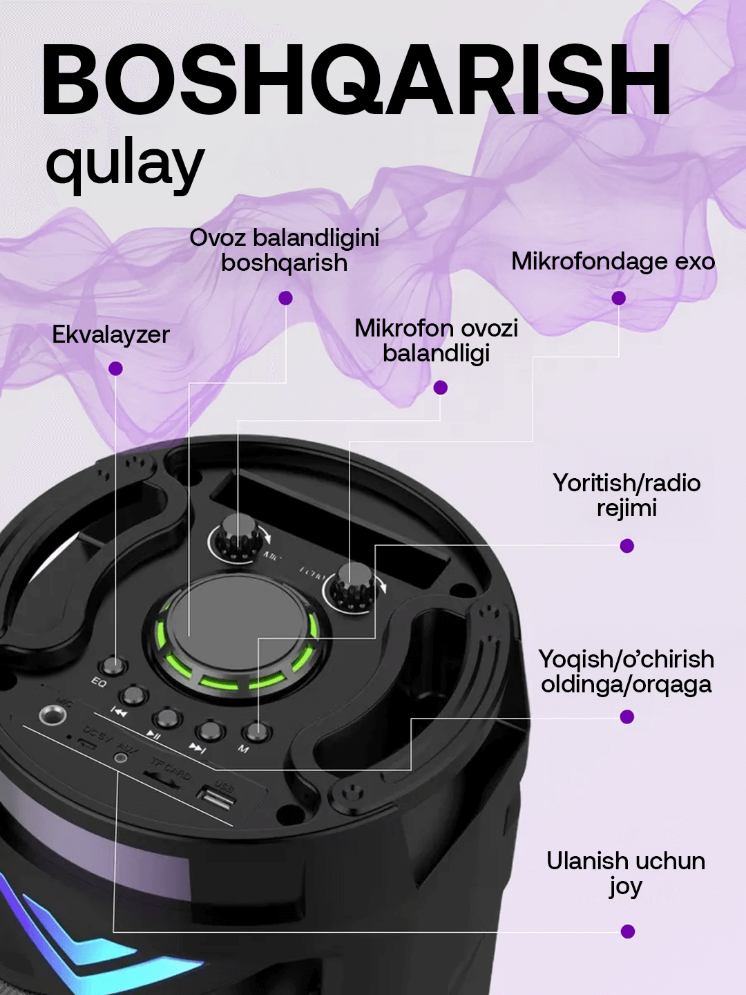Simsiz karaoke kolonka, RGB yoritgich va Bluetooth bilan birga, portativ akustik sistemani arzon ...