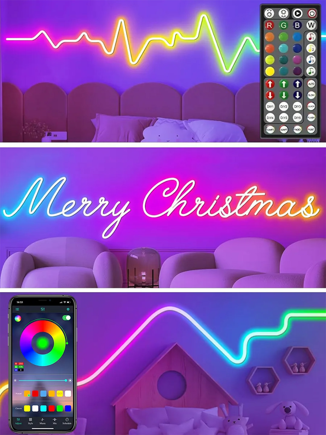 Гибкая неоновая светодиодная лента, с пультом 15 м RGB LED, разноцветная реакция на звук купить ...