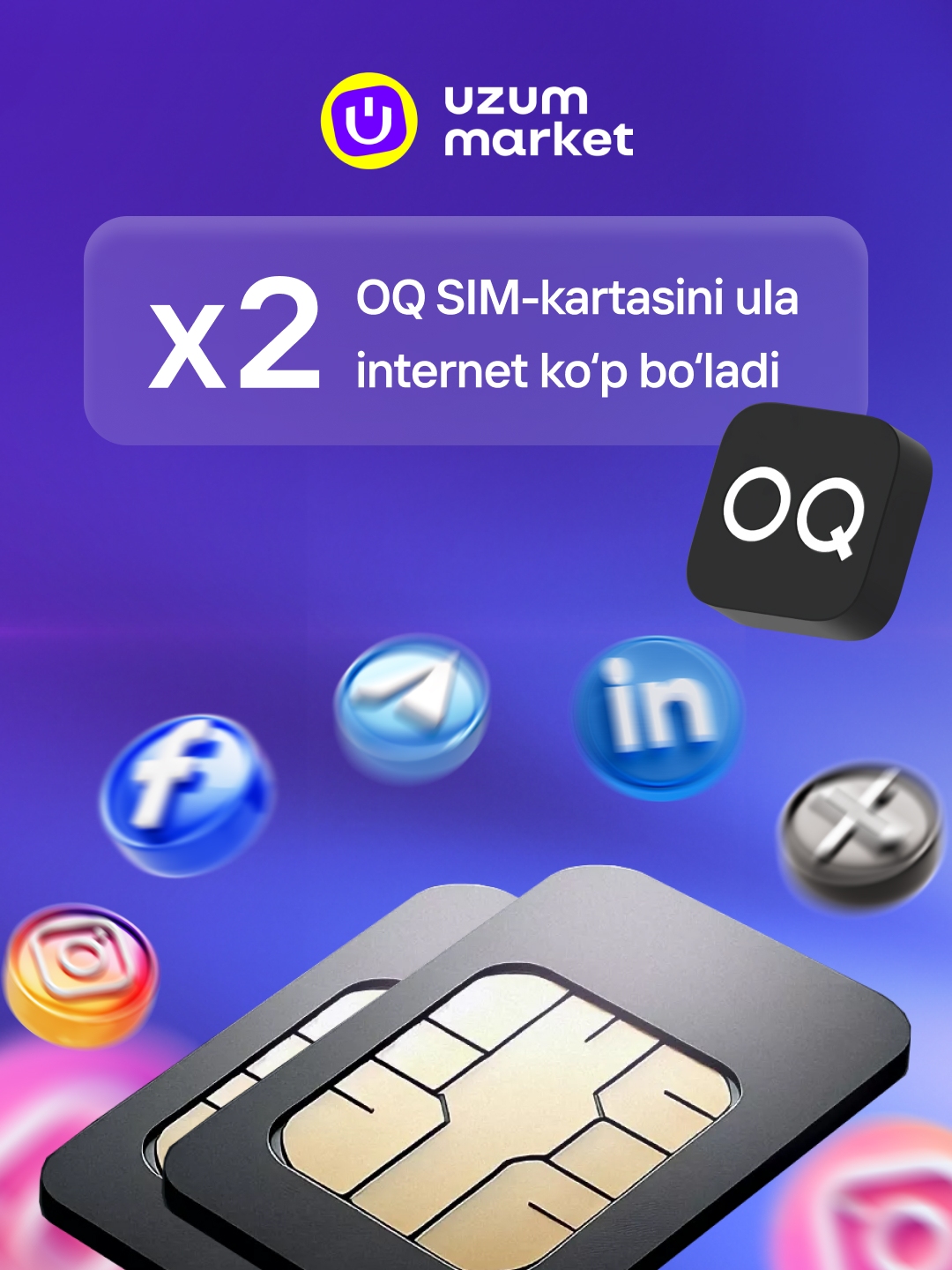 OQ SIM-kartasi, mustaqil ro‘yxatdan o‘tish va tezkor ulanish 25990 so'mga 74% chegirma bilan ...