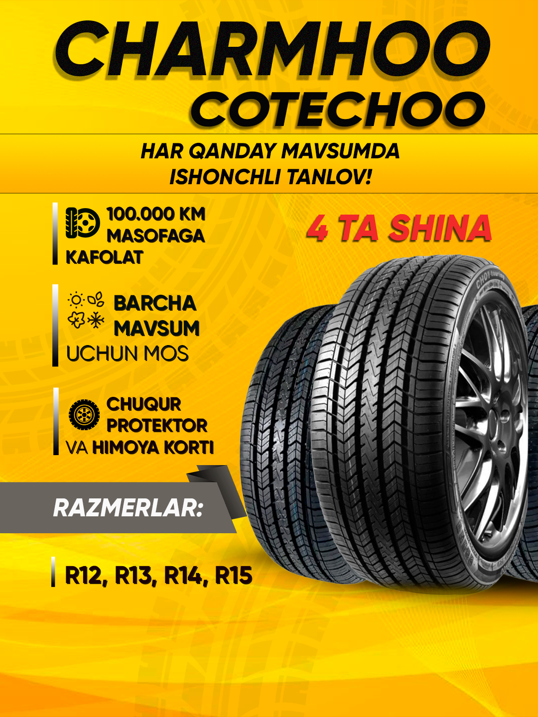 Avto shinalar Charmhoo, COTECHOO CH01 o'lchamlar R12, R13, R14, R15, 4 dona shinani arzon narxda ...