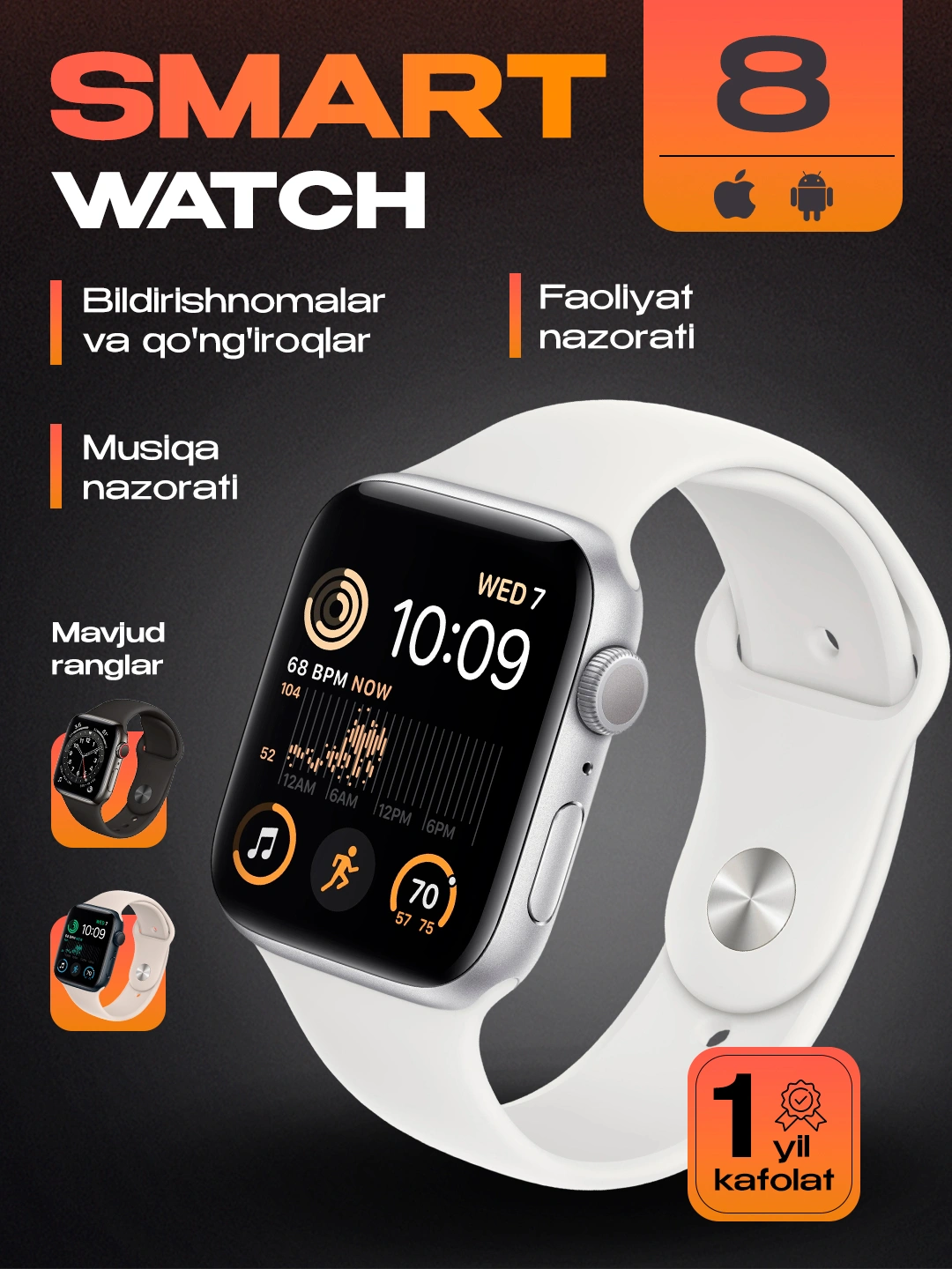 Aqlli soat Smart BIG T800 Pro Max, iOS, Android uchun, simsiz ...