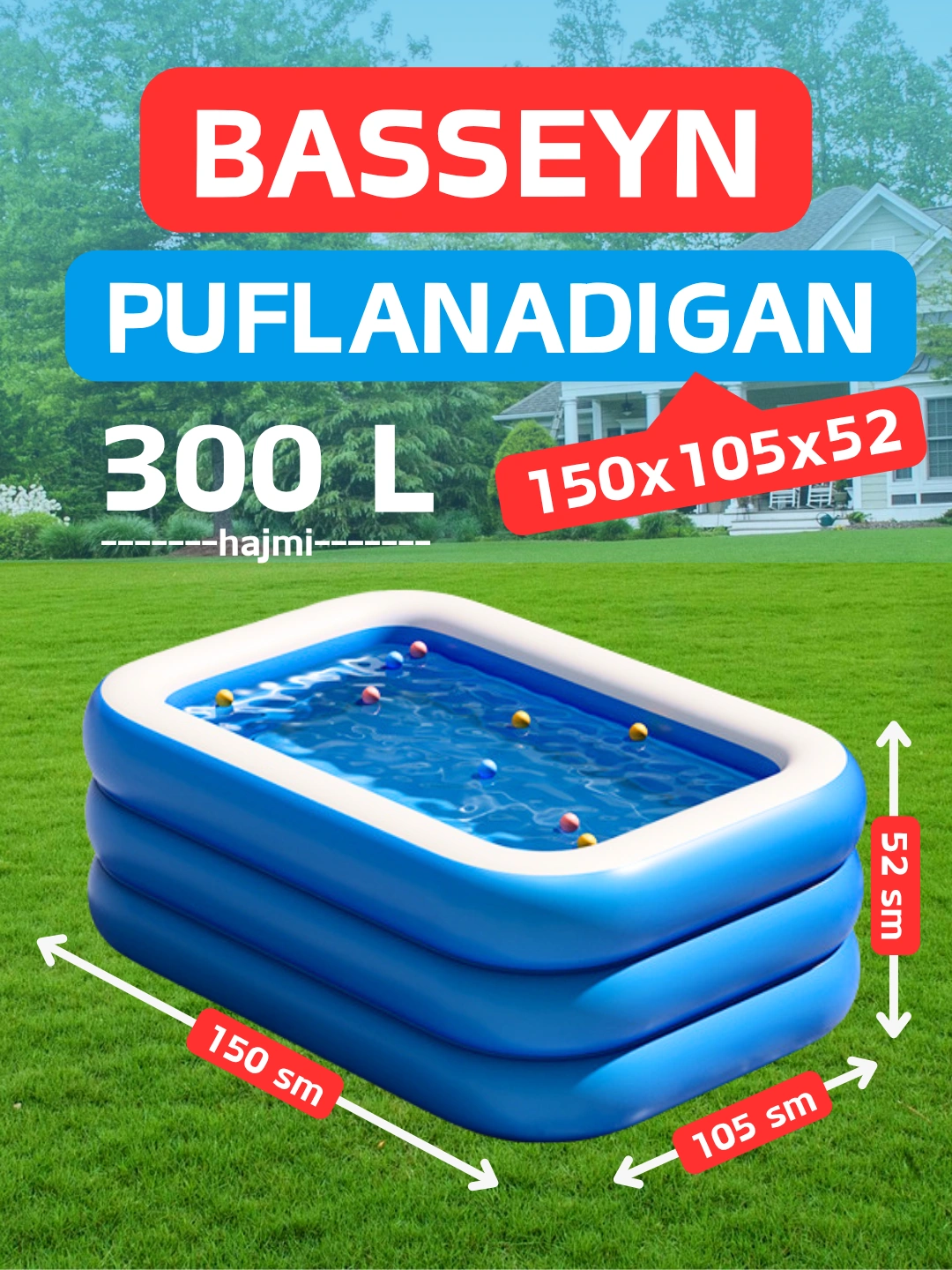 Basseyn bolalar uchun, puflanadigan, 1.5/2.6/3.05 m, hajmi 300/1000 ...