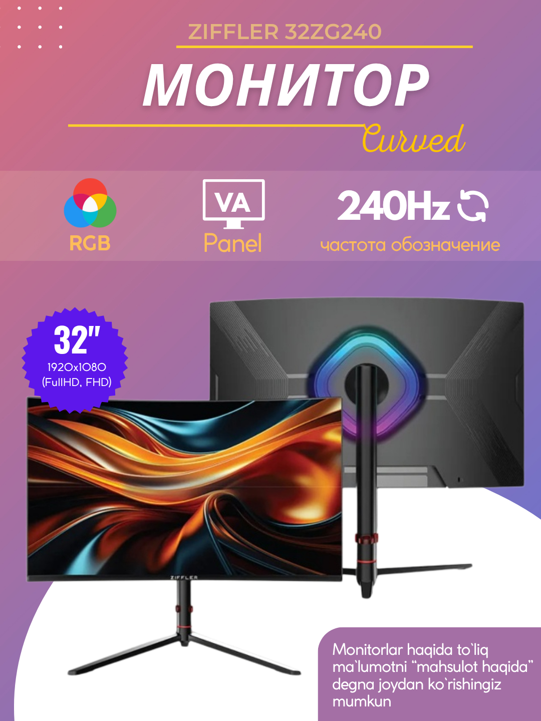 ZIFFLER monitori Egilgan monitorlar, VA paneli, IPS paneli, 100 Gs, 180 ...