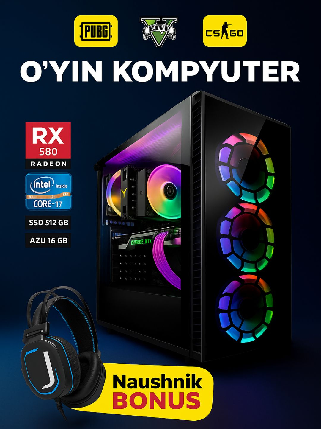 O'yin kompyuteri, Core i7, 16 GB operativ xotira, 512 GB SSD, AMD RADEON RX 580 8 GBni arzon ...
